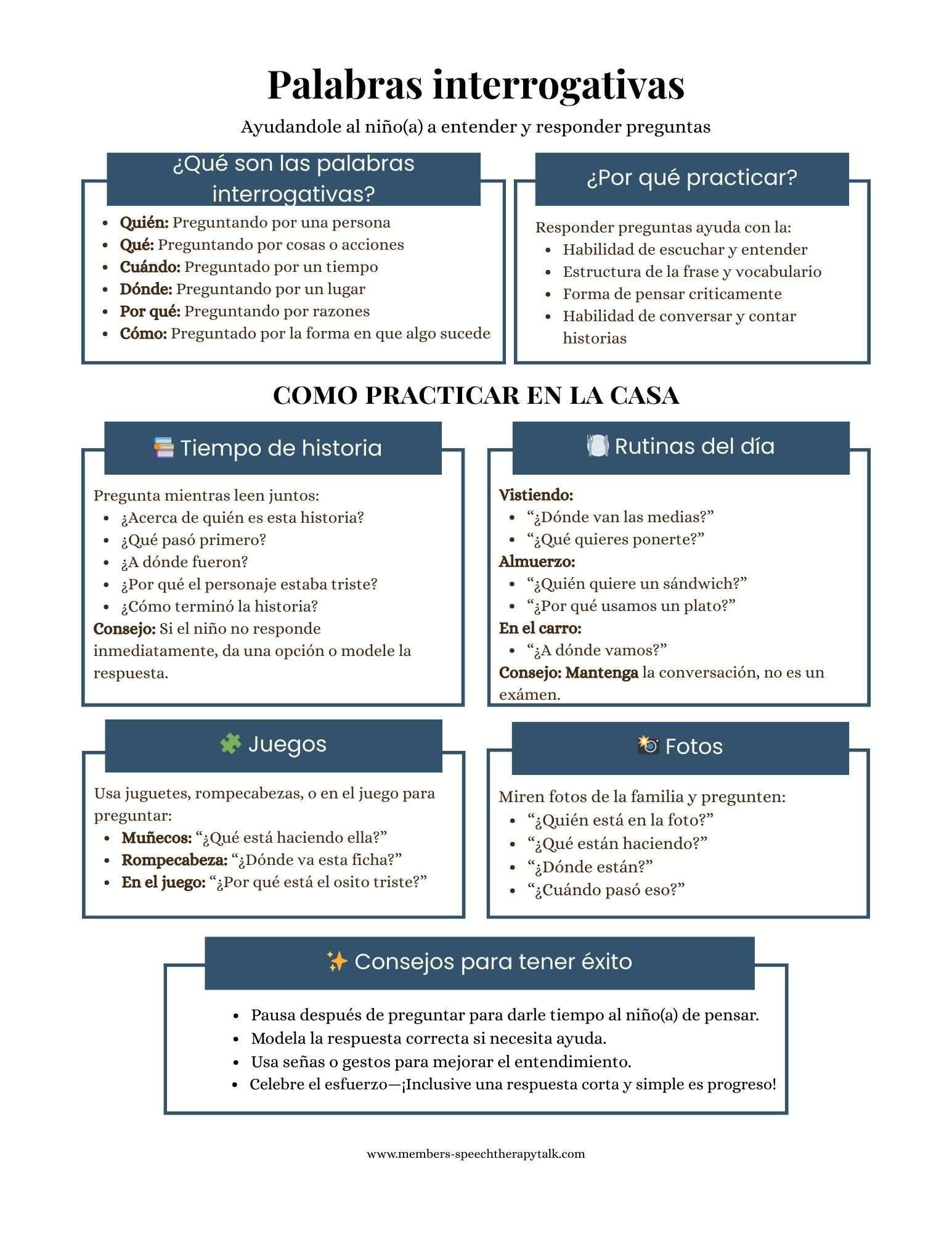 Home Practice Handout - WH Questions - Speech Therapy Talk Membership