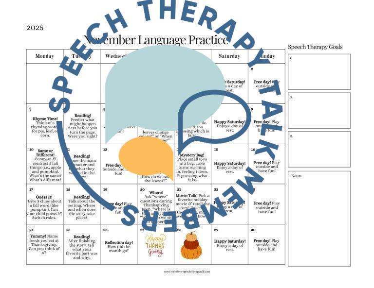November Language Calendar 2025 - Speech Therapy Talk Membership